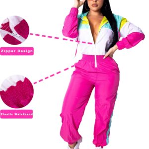 VOIKERDR Women Colorblock One Piece Outfits Set High Waist Pants Long Sleeve Zipper Front Windbreaker Jumpsuit Pink XXL