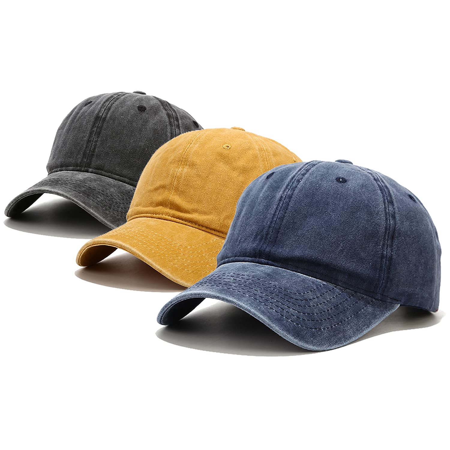 Umeepar 3 Pack Baseball Cap Vintage Distressed Low Profile Unstructured Plain Cotton Dad Hat Adjustable for Women Men (Black, Dark Blue, Yellow)