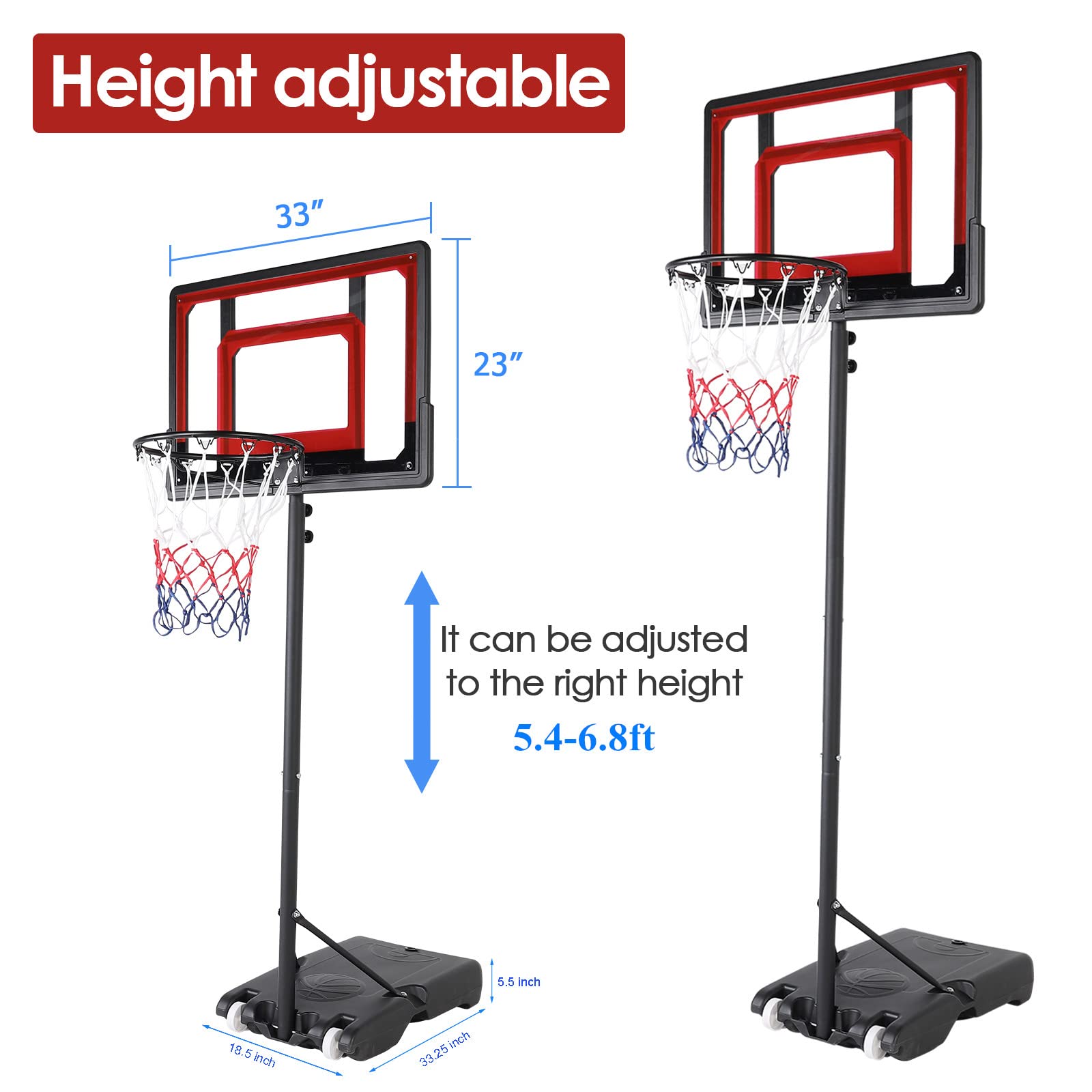 Ochine Portable Basketball System Backboard Adjustable Height 5.4FT-6.8FT, Basketball Equipment with 33 Inch Backboard and Wheels Youth Kids Outdoor Indoor Basketball Goal Game (Ship from USA)