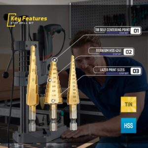 Step Drill Bit for Metal, Step Drill Bit, CORTOOL 3PCS Titanium Unibit Step Drill Bit Set, High Speed Steel Step Drill Bit HSS Quick Change 1/4" Shank,Total 28 Sizes 3/16" -1/2",1/4"-3/4",1/8"-1/2"