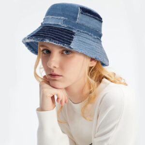 GuanGu Ripped Denim Bucket Hats for Women Washed Packable Summer Beach Sun Hats Mens Bucket Hat for Travel(Classic Denim L/XL)