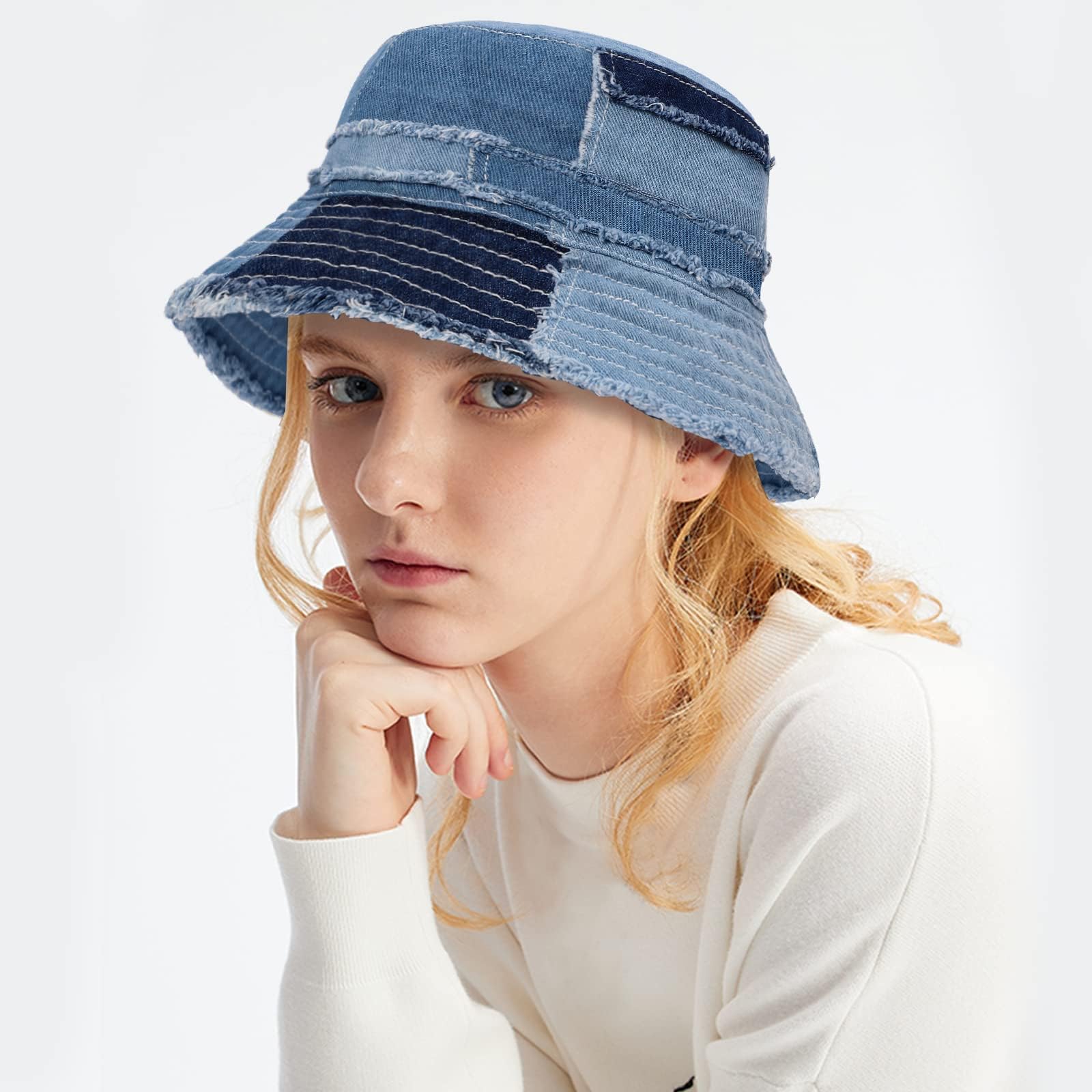 GuanGu Ripped Denim Bucket Hats for Women Washed Packable Summer Beach Sun Hats Mens Bucket Hat for Travel(Classic Denim L/XL)