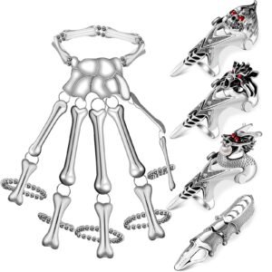 5 pieces full finger ring punk wristband skull fingers hand bracelet skull finger skeleton joint bracelet knuckle full ring for halloween accessories (silver)