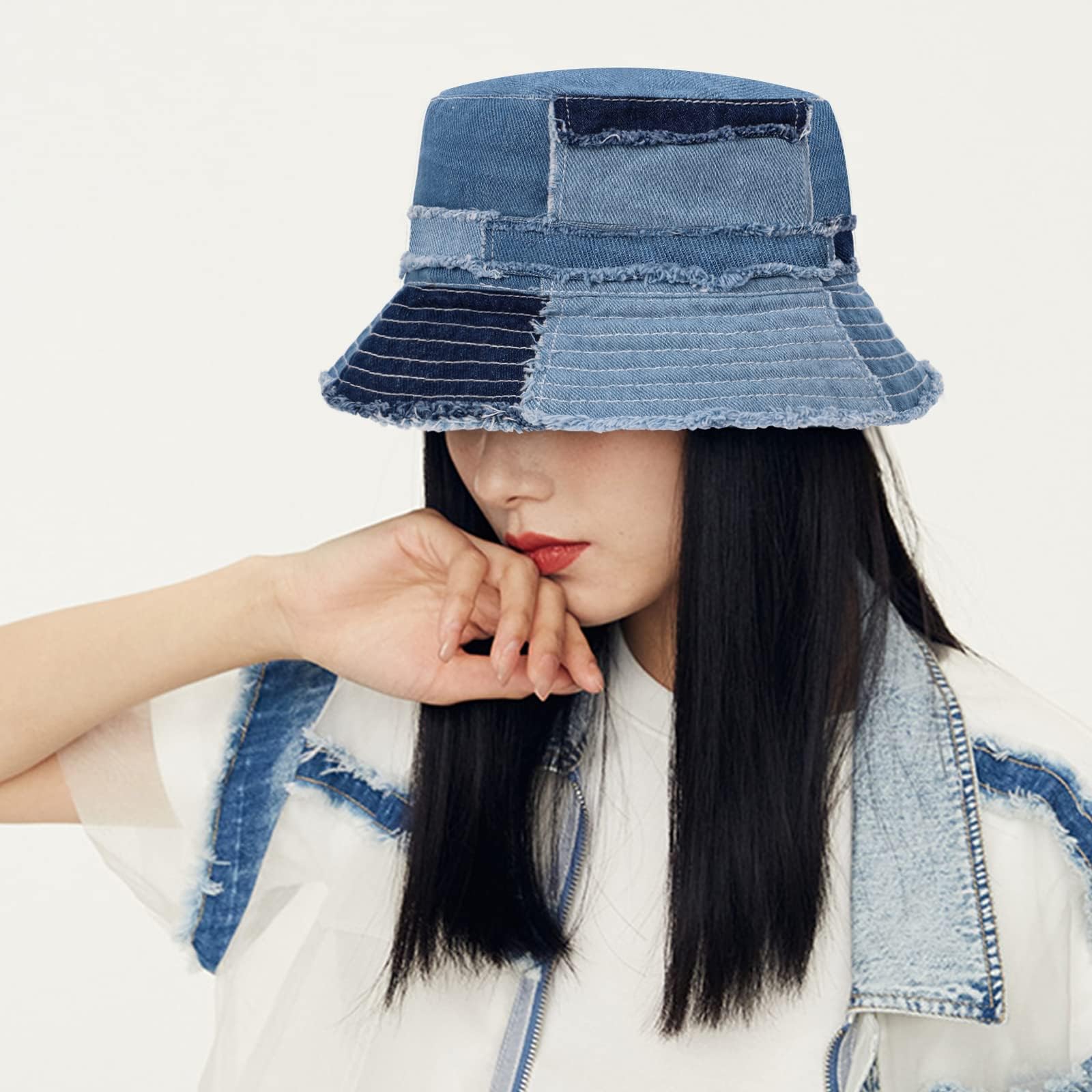 GuanGu Ripped Denim Bucket Hats for Women Washed Packable Summer Beach Sun Hats Mens Bucket Hat for Travel(Classic Denim L/XL)