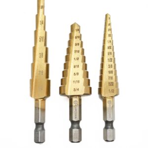 Step Drill Bit for Metal, Step Drill Bit, CORTOOL 3PCS Titanium Unibit Step Drill Bit Set, High Speed Steel Step Drill Bit HSS Quick Change 1/4" Shank,Total 28 Sizes 3/16" -1/2",1/4"-3/4",1/8"-1/2"