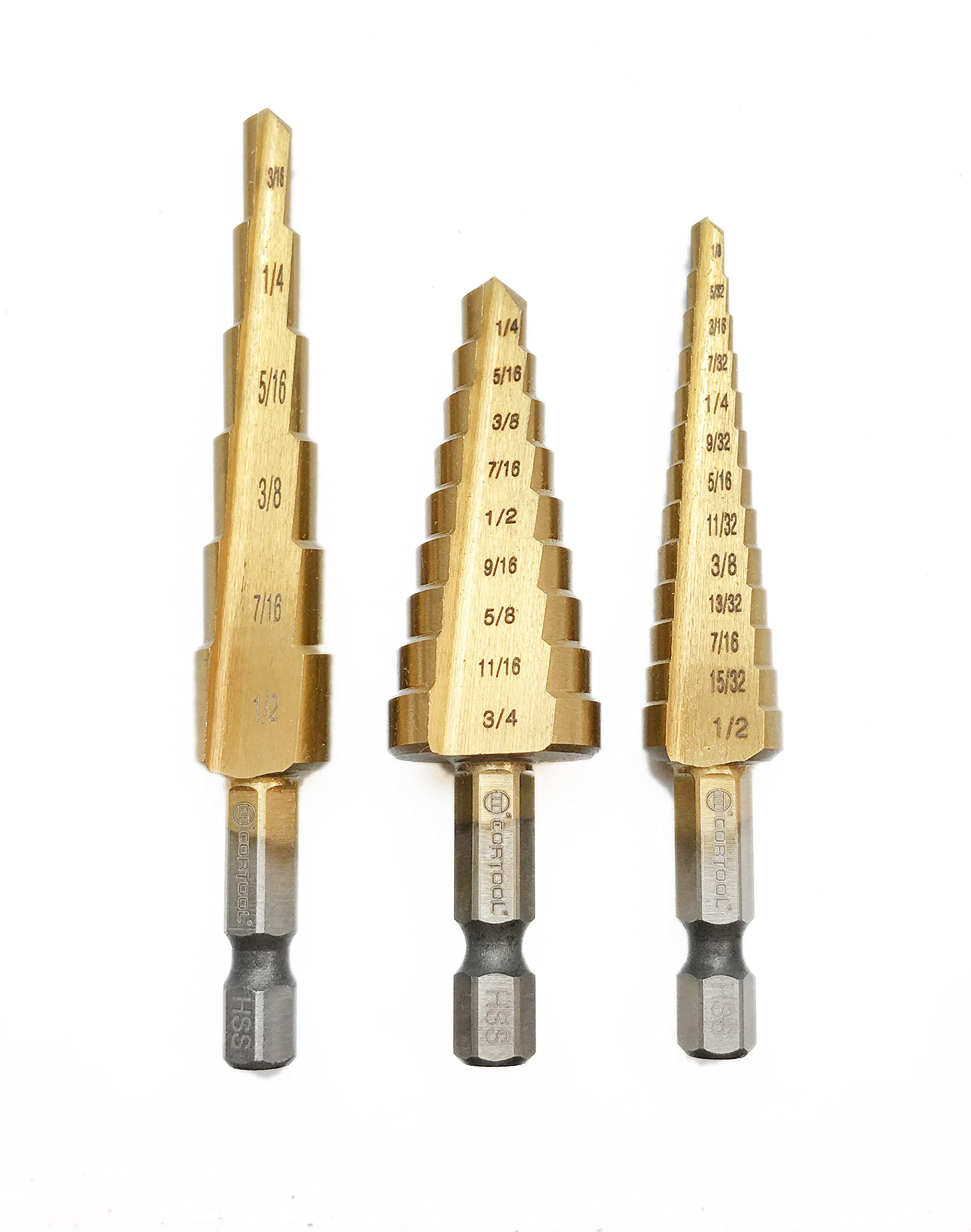 Step Drill Bit for Metal, Step Drill Bit, CORTOOL 3PCS Titanium Unibit Step Drill Bit Set, High Speed Steel Step Drill Bit HSS Quick Change 1/4" Shank,Total 28 Sizes 3/16" -1/2",1/4"-3/4",1/8"-1/2"