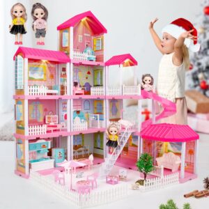 bobxin dollhouse, doll house for indoor for girl, toy house with lights, slide and doll, building playset with acceccories & furniture, diy dreamy princess house for toddler, kid (11 room)