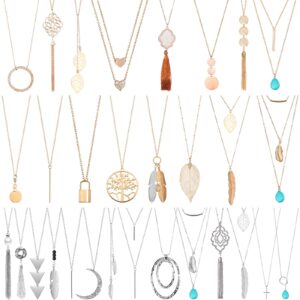 hicarer 30 pcs long pendant necklace set simple bar layer tassel y tassel leaf circle bar necklace y-shaped statement sweater necklace for women