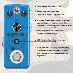 VSN Bluesy Guitar Pedal Blues Style Distortion Effect Pedal Fat&Normal 2 Modes Wide Range Frequency Response for Mini Size True Bypass, LEF-321