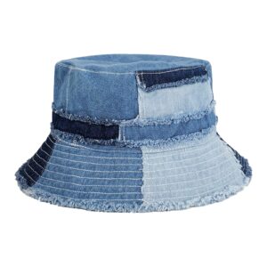 guangu ripped denim bucket hats for women washed packable summer beach sun hats mens bucket hat for travel(classic denim l/xl)