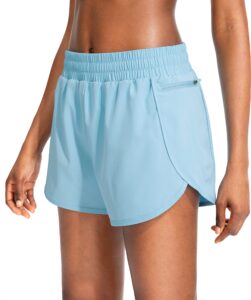 soothfeel womens running shorts with zipper pockets high waisted athletic gym workout shorts for women with liner light blue