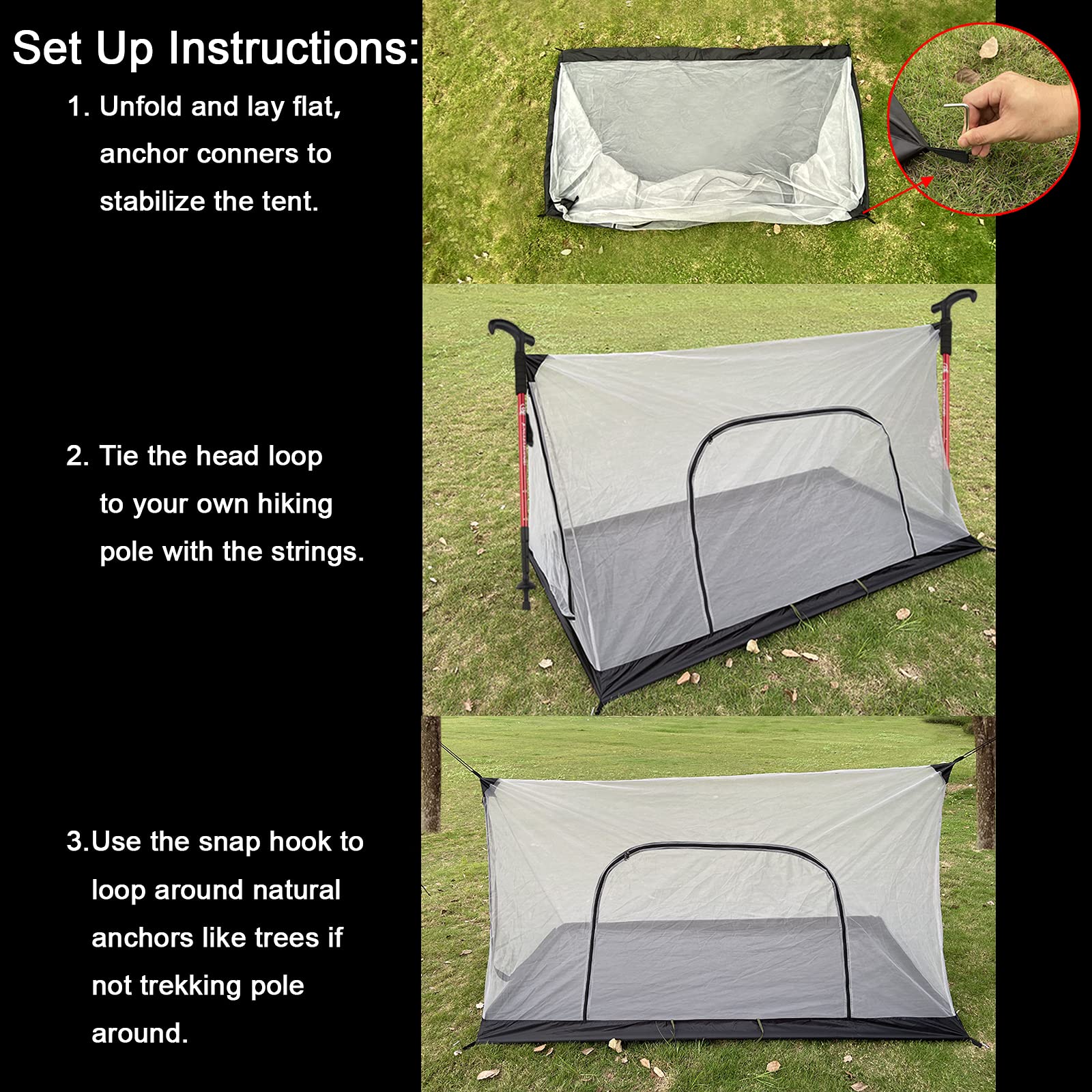 Benvo Trekking Pole Tent Netting Tent Breeze Mesh Inner Tent with Good Ventilation Ultra Light Trekker Backpacking Tent for 2 Person Summer Tent with Waterproof Oxford Floor(210cmx120cmx110cm)