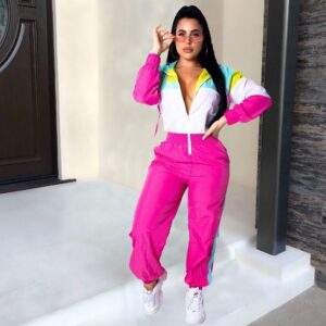 VOIKERDR Women Colorblock One Piece Outfits Set High Waist Pants Long Sleeve Zipper Front Windbreaker Jumpsuit Pink XXL