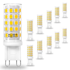 alide g9 5w led bulbs 4000k natural white,50w 60w halogen equivalent,ac120v t4 g9 bi-pin neutral white led bulbs for chandelier home lighting,550lm,10pack, non-dimmable