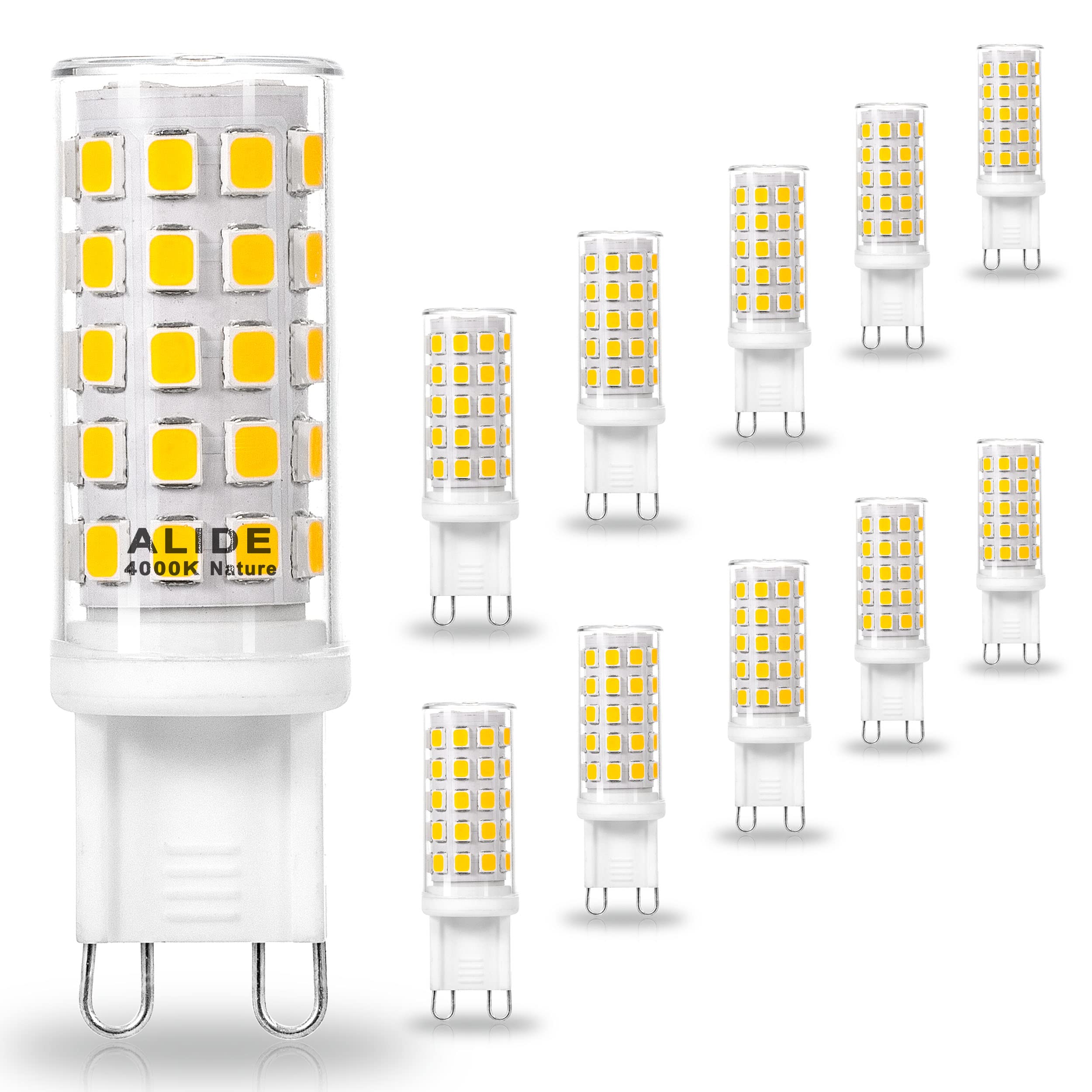 ALIDE G9 5W Led Bulbs 4000K Natural White,50W 60W Halogen Equivalent,AC120V T4 G9 Bi-pin Neutral White Led Bulbs for Chandelier Home Lighting,550LM,10Pack, Non-dimmable