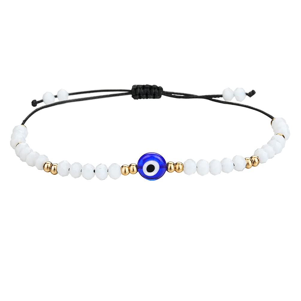 SUMMER LOVE Dainty Hand Made Evil Eye Bracelets Adjustable String Amulet for Women Men (White+gold)