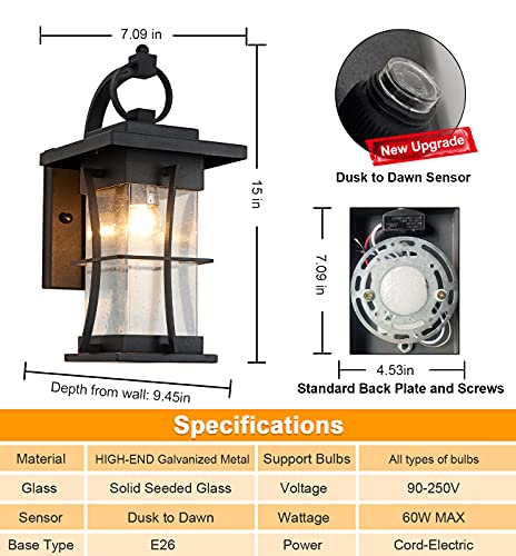 EERU Dusk to Dawn Outdoor Wall Lantern Exterior Light Fixtures Wall Mount Porch Light with Photocell Sensor Waterproof Outside Wall Lights for House, Patio, Garage, Black with Seeded Glass