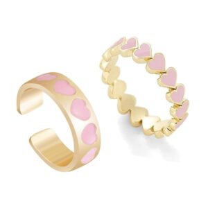 caiyao 2 pcs colorful enamel cute sweet heart plain stackable finger ring gold band rings set friendship wedding valentine's day festival jewelry for women teens-7 pink