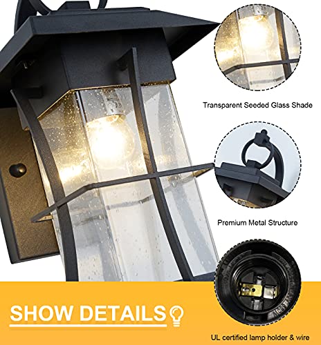 EERU Dusk to Dawn Outdoor Wall Lantern Exterior Light Fixtures Wall Mount Porch Light with Photocell Sensor Waterproof Outside Wall Lights for House, Patio, Garage, Black with Seeded Glass