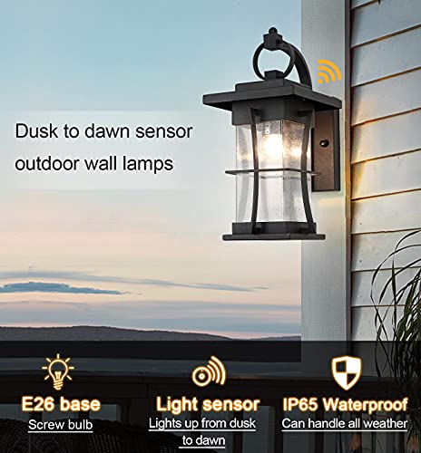 EERU Dusk to Dawn Outdoor Wall Lantern Exterior Light Fixtures Wall Mount Porch Light with Photocell Sensor Waterproof Outside Wall Lights for House, Patio, Garage, Black with Seeded Glass