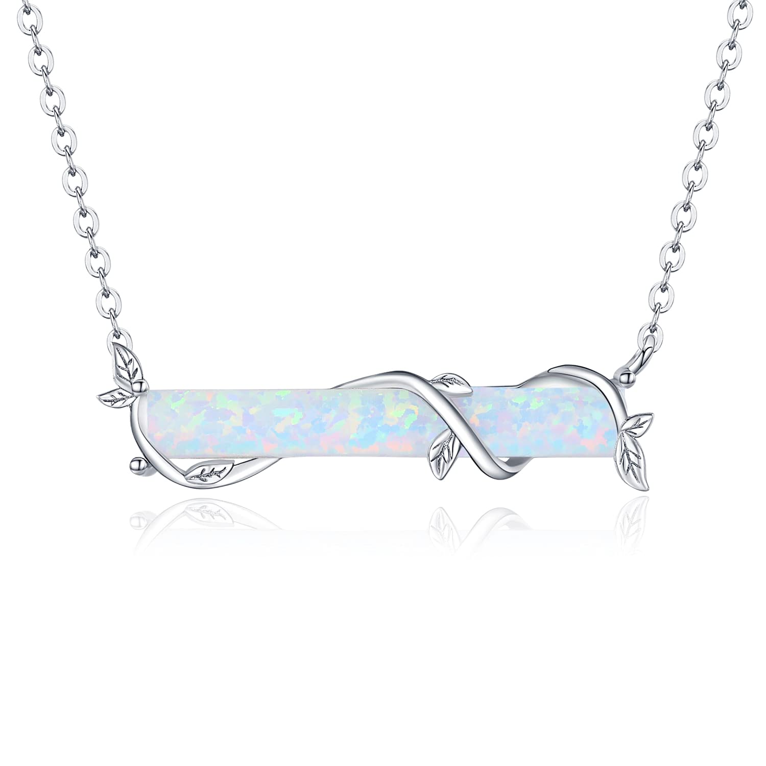 Bar Necklace for Women,S925 Sterling Silver White Opal Bar Necklace with Leaf Charm Bar Pendant Jewelry Gift for Mom Daughter Wife Girlfriend