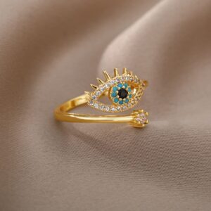 Sarineer Womens Blue Evil Eye CZ Stone Adjustable 18K Gold Plated Open Rings