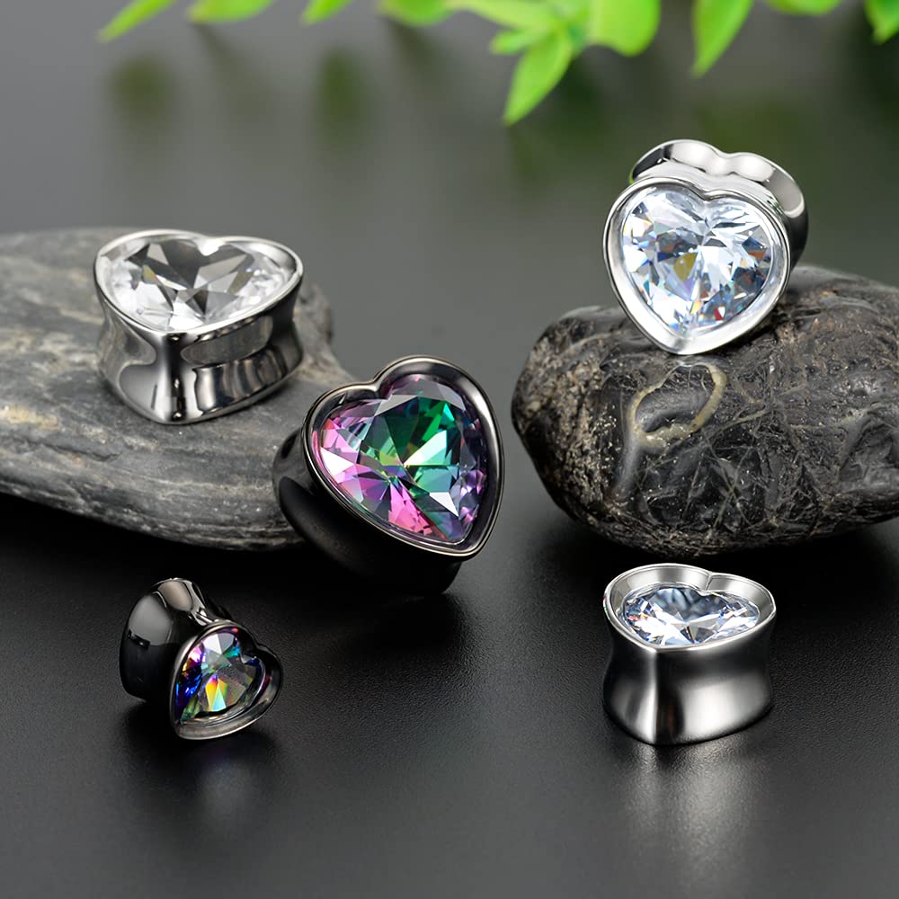 COOEAR 1 Pair Gauges For Ears Heart Style Gem Ear Tunnels And Plugs Flesh Stretchers Expander 0g to 1 Inch.