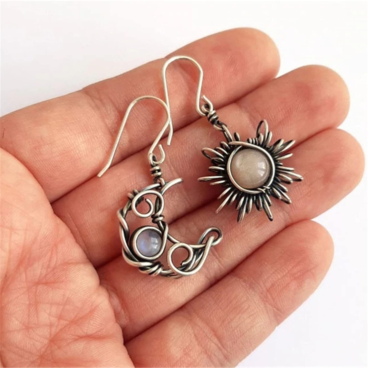 ANDPAI Unique Chic Abstract Hollow Black Vintage Silver Asymmetry Moon Star Sun Dangle Drop Earrings Black Moonstone Moon Hypoallergenic Earrings for Women Statement Jewelry Gifts (Vinatge Silver)