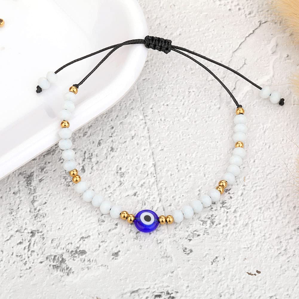 SUMMER LOVE Dainty Hand Made Evil Eye Bracelets Adjustable String Amulet for Women Men (White+gold)