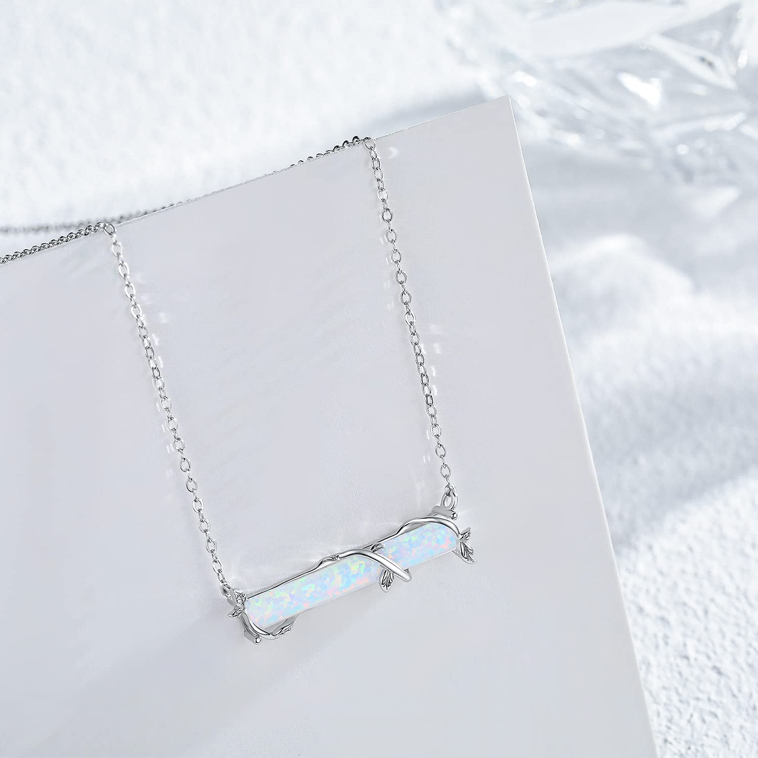 Bar Necklace for Women,S925 Sterling Silver White Opal Bar Necklace with Leaf Charm Bar Pendant Jewelry Gift for Mom Daughter Wife Girlfriend