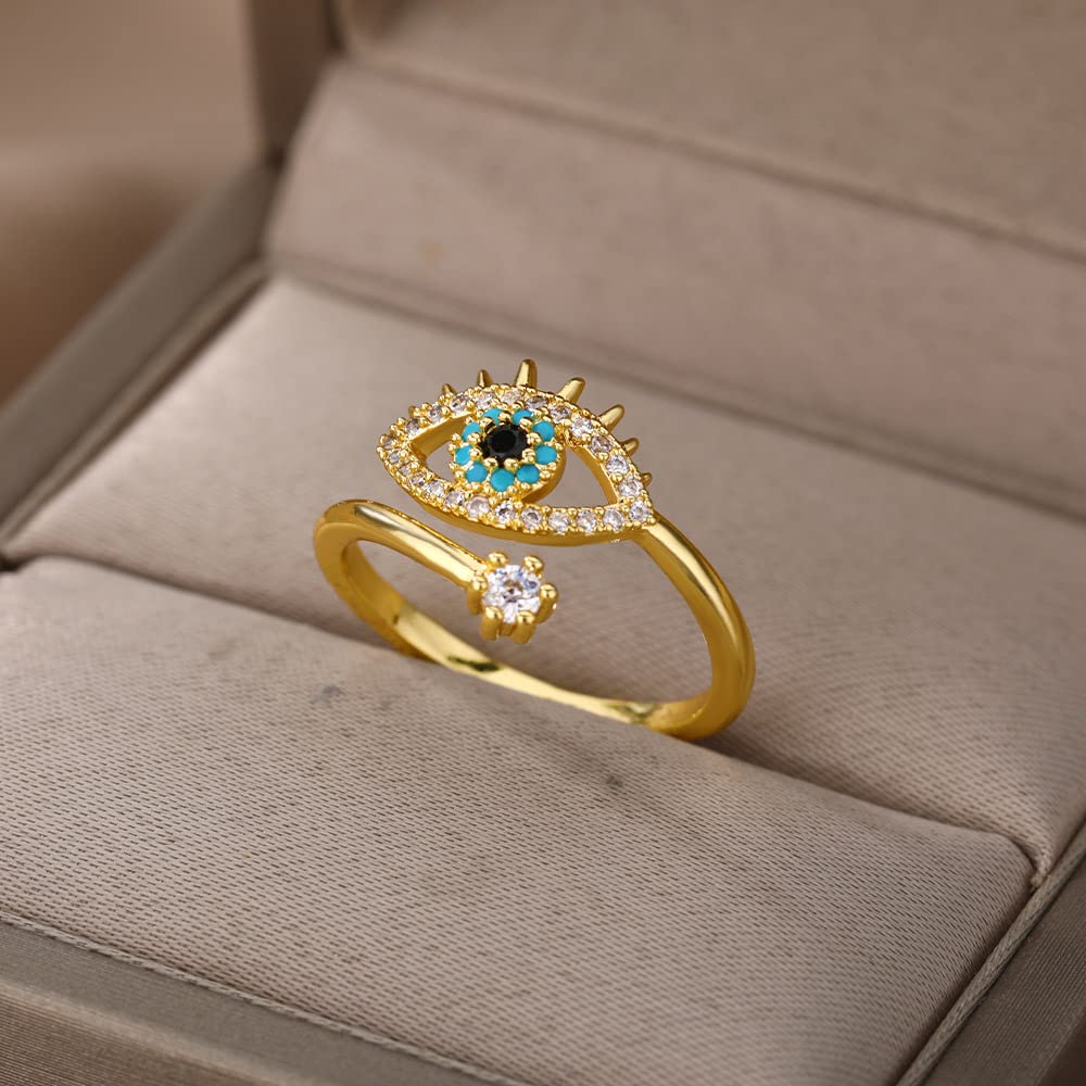 Sarineer Womens Blue Evil Eye CZ Stone Adjustable 18K Gold Plated Open Rings