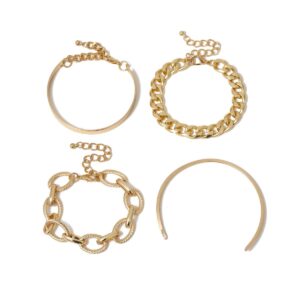 kercisbeauty 4pcs women fashion cuff link bracelet set punk miami cuban link chain bracelet party jewelry (gold)