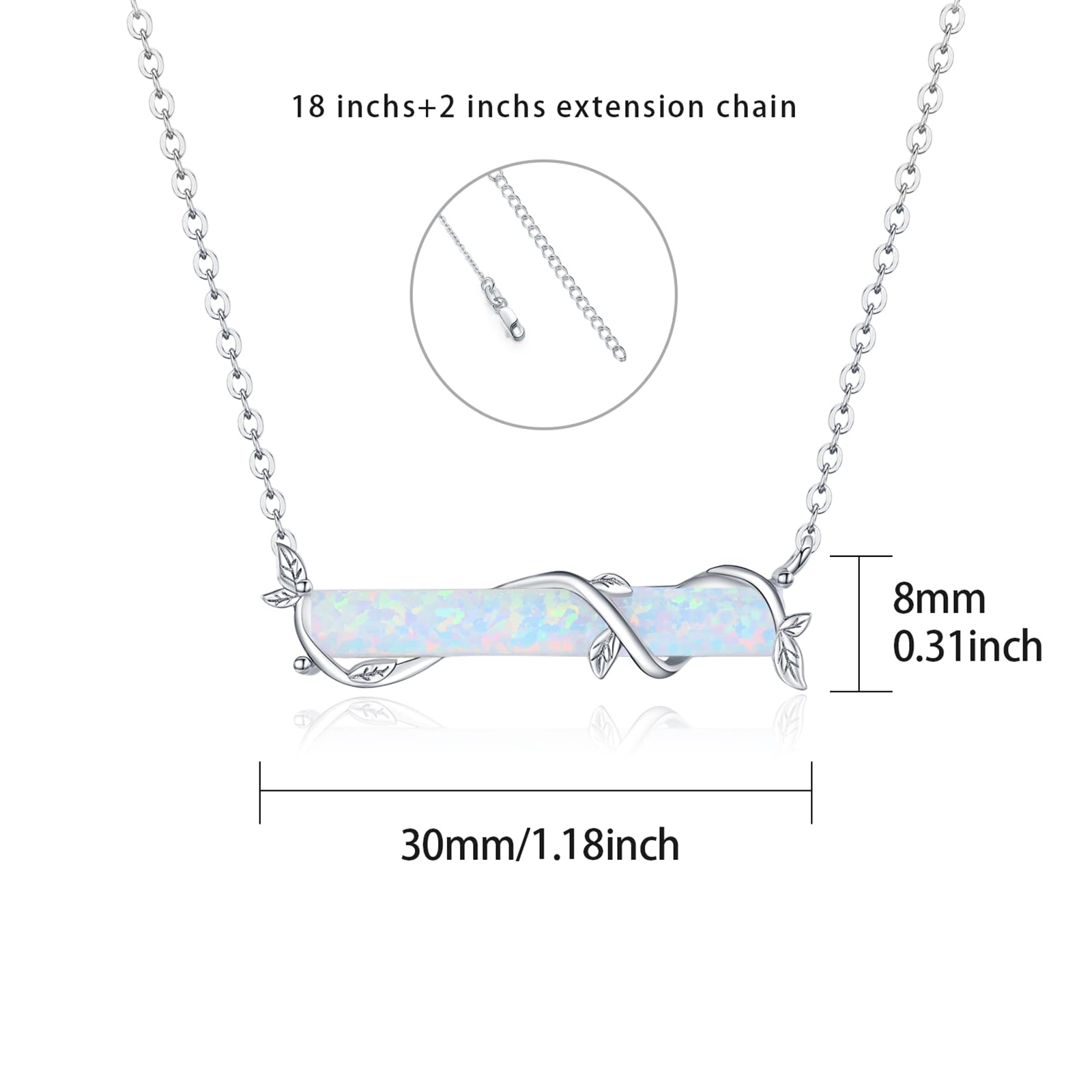 Bar Necklace for Women,S925 Sterling Silver White Opal Bar Necklace with Leaf Charm Bar Pendant Jewelry Gift for Mom Daughter Wife Girlfriend