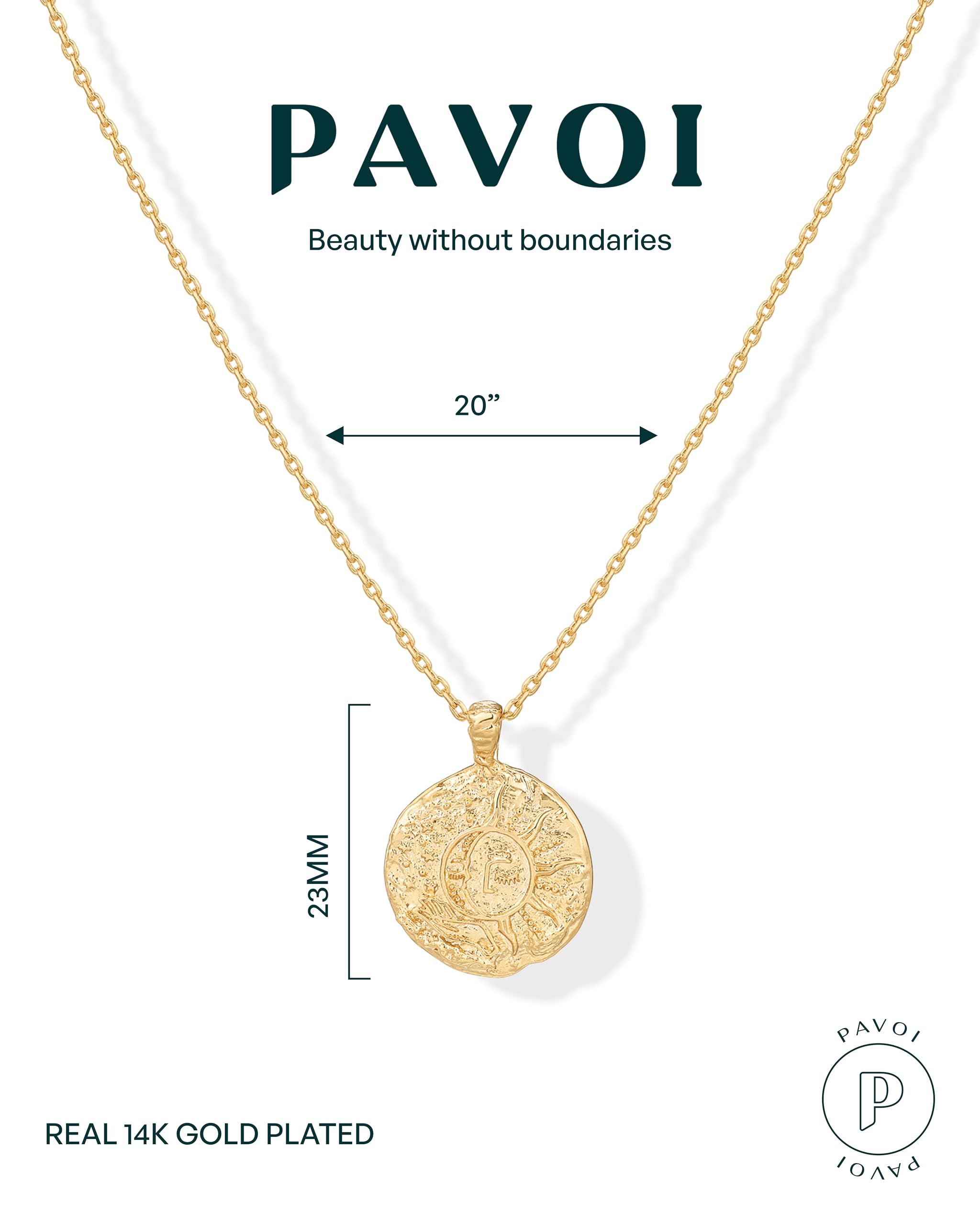 PAVOI Womens 14K Gold Plated ‚Äì Yellow Gold Engraved Coin Pendant with Necklace