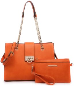 dasein women fashion tote bags handbag purse chain shoulder bag top handle bag hobo with matching clutch (orange)