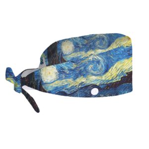 working cap with button and sweatband, starry night van gogh, adjustable tie back head skull hat for women men