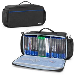 curmio game disc storage bag holds up to 24 discs, game disk travel case compatible for ps5/ps4/ps4 pro/ps3/xbox one/xbox 360//xbox series x/s, blue stripe(bag only)