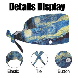 Working Cap with Button and Sweatband, Starry Night Van Gogh, Adjustable Tie Back Head Skull Hat for Women Men