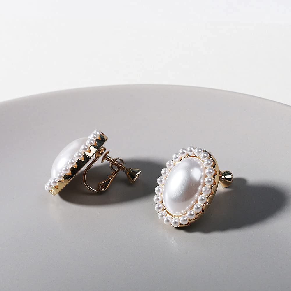 Pearl Clip on Earrings for Women Non Pierced 14K Gold Plated Oval Earrings (White)