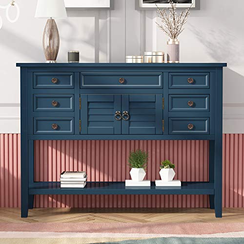 Actual Solid Wood Console, Sofa Table, Modern Entryway Hall W/with 7 Drawers, 1 Cabinet and Shelf, Side for Living Room, Bedrooms Hallway, Easy to Assemble (Blue), 45.3x15x33.7 in