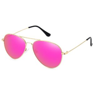 wowsun classic polarized aviator sunglasses for women men (golden frame purple pink mirrored lens)