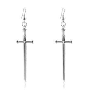 wuweijiajia unique retro gothic long sword hook earrings vintage silver punk style knife dangle drop earrings for women trendy men statement (style-4)