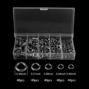 200PCS Stainless Steel Fishing Split Rings, High Strength Double Flat Wire Snap Ring Heavy Duty Lure Connector with Fishing Pliers Scissors Fishing Lanyard Fishing Tool Accessories 5 Size