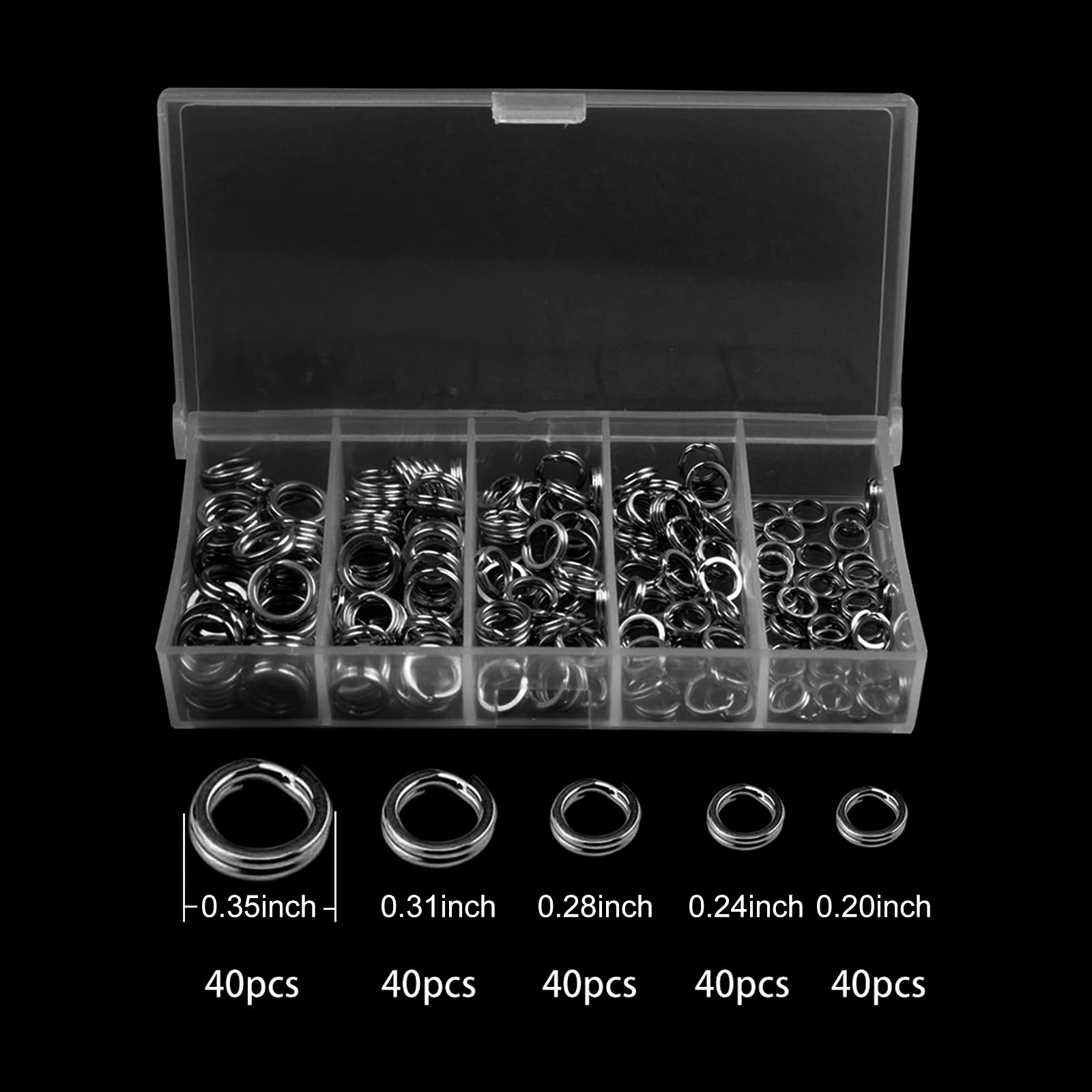 200PCS Stainless Steel Fishing Split Rings, High Strength Double Flat Wire Snap Ring Heavy Duty Lure Connector with Fishing Pliers Scissors Fishing Lanyard Fishing Tool Accessories 5 Size