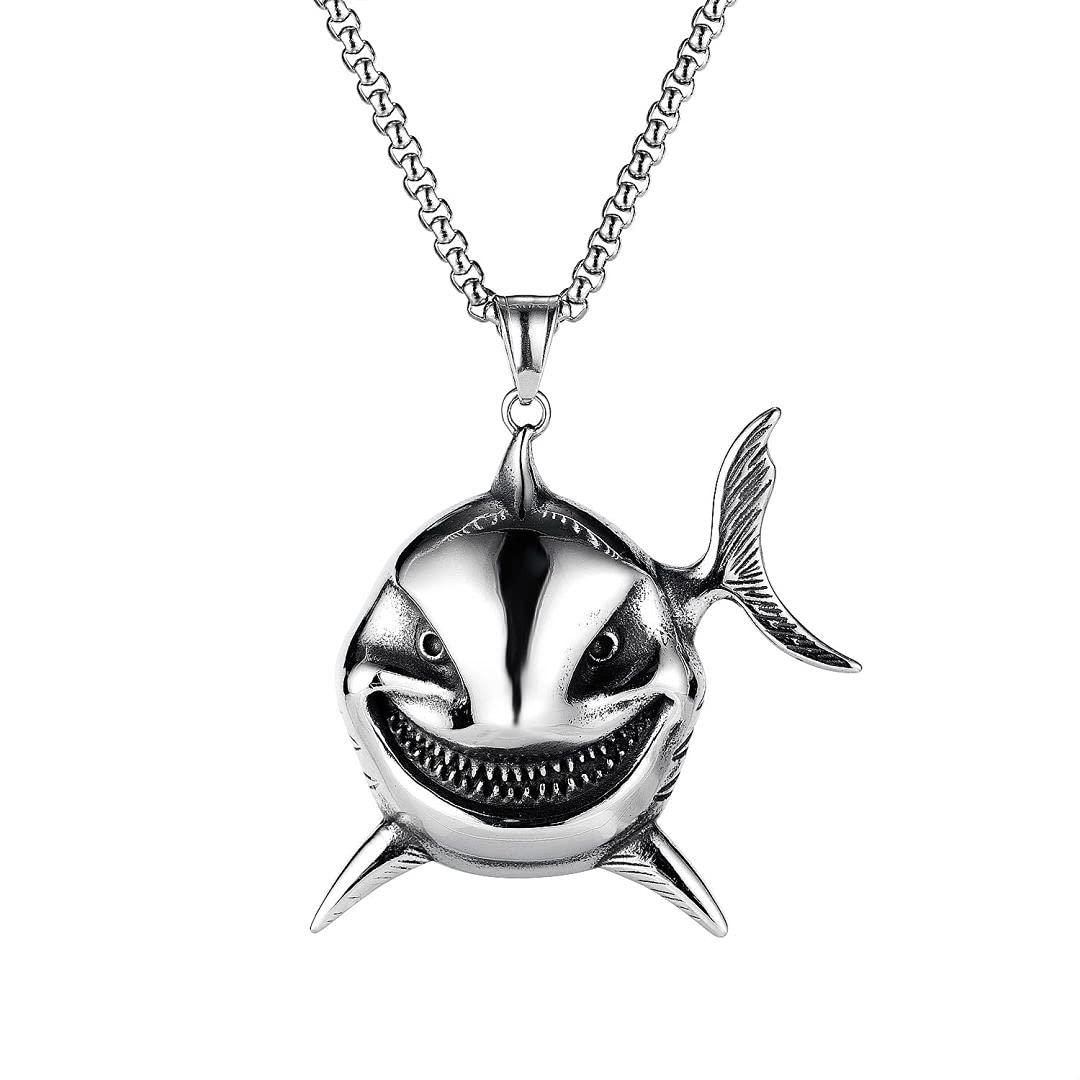 jonline24h Stainless Steel Shark Fish Pendant Chain Necklace for Mens Womens Silver