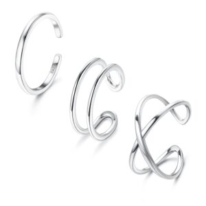 patisorna 3pcs 925 sterling silver open adjustable rings for women men minimalist x cross arrow heart moon&star paperclip rings stackable thumb knuckle simple rings set size 6-9