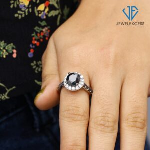 JEWELEXCESS Diamond Halo Rings – 2.00CTW Black & White Diamond Halo Ring, Sterling Silver Ring Band – Black Ring Diamond Rings for Women – Birthday Gifts