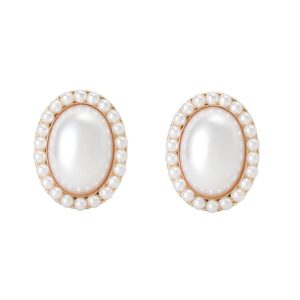 pearl clip on earrings for women non pierced 14k gold plated oval earrings (white)