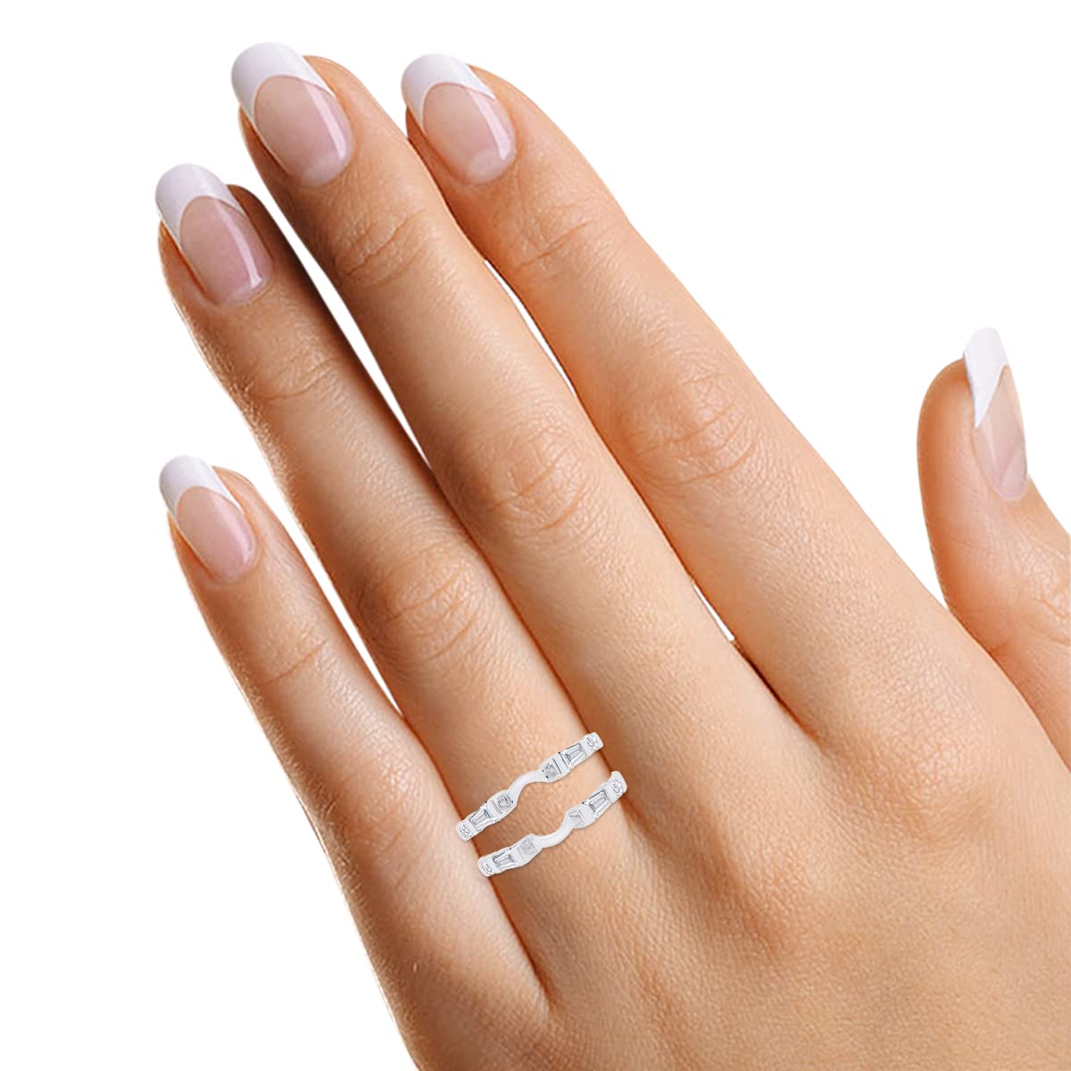 3/4 Carat Baguette & Round White Cubic Zirconia Enhancer Guard Ring In 10K Solid White Gold (0.75 Cttw) Ring Size-7