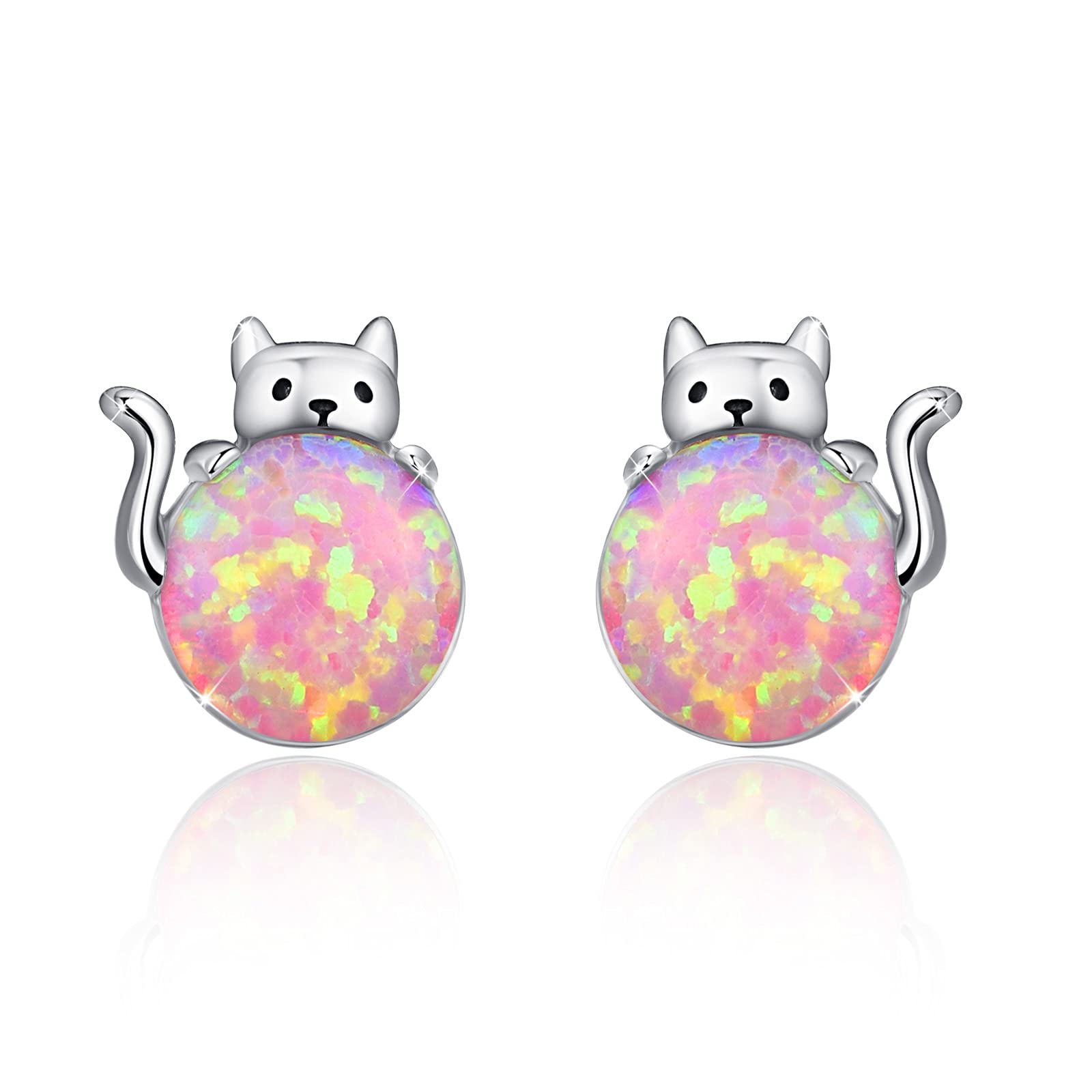 Cat Earrings for Women 925 Sterling Silver Cute Kitty Earrings Hypoallergenic Stud Earrings for Sensitive Ears Opal Small Studs Earrings Cute Kitten Jewelry for Women Daughter Birthday